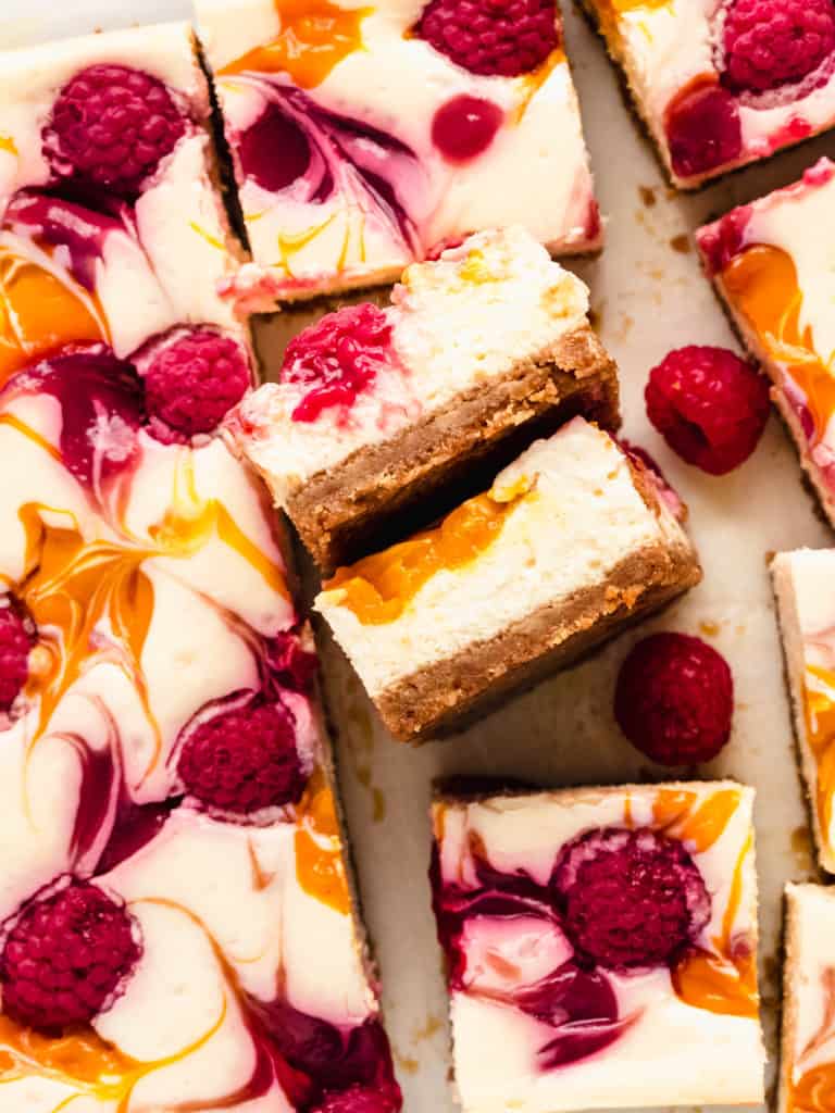 Mango Raspberry Cheesecake Bars - DreamyBaker